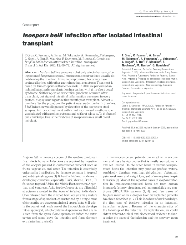 (PDF) Isospora belli infection after isolated intestinal transplant
