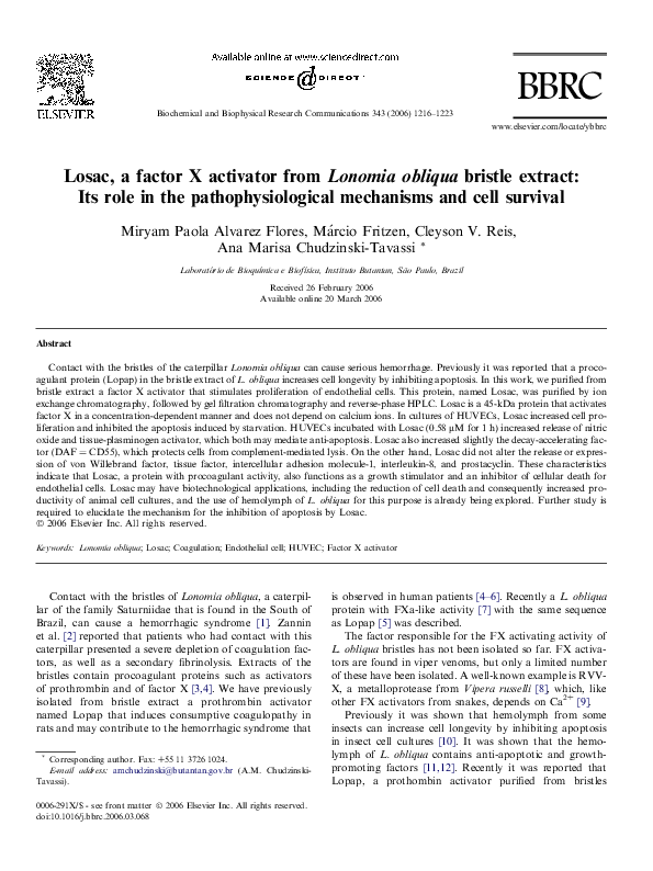 (PDF) Losac, a factor X activator from Lonomia obliqua bristle extract ...