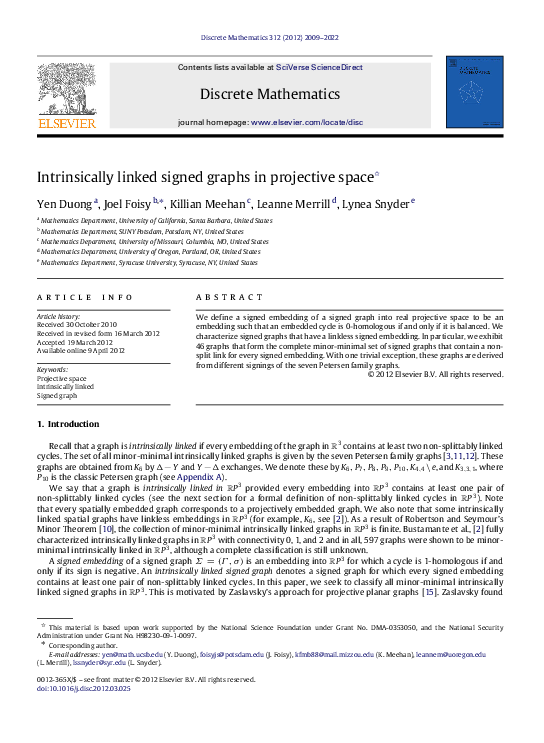 (PDF) Intrinsically linked signed graphs in projective space