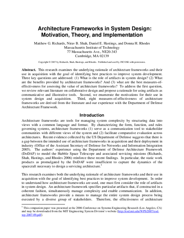 (PDF) Architecture frameworks in system design: Motivation, theory, and implementation