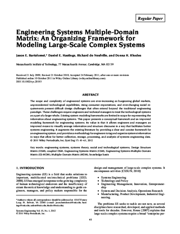(PDF) Engineering Systems Multiple-Domain Matrix: An organizing framework for modeling large ...