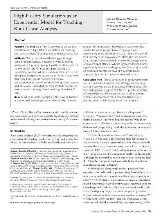 (PDF) High-Fidelity Simulation as an Experiential Model for Teaching Root Cause Analysis