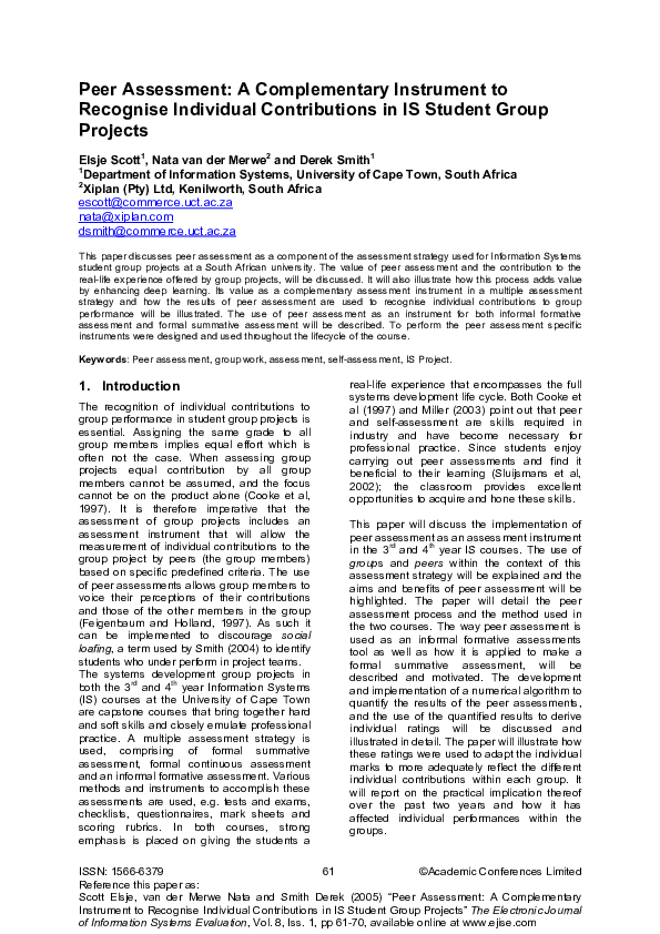 (PDF) Peer Assessment: A Complementary Instrument to Recognise ...