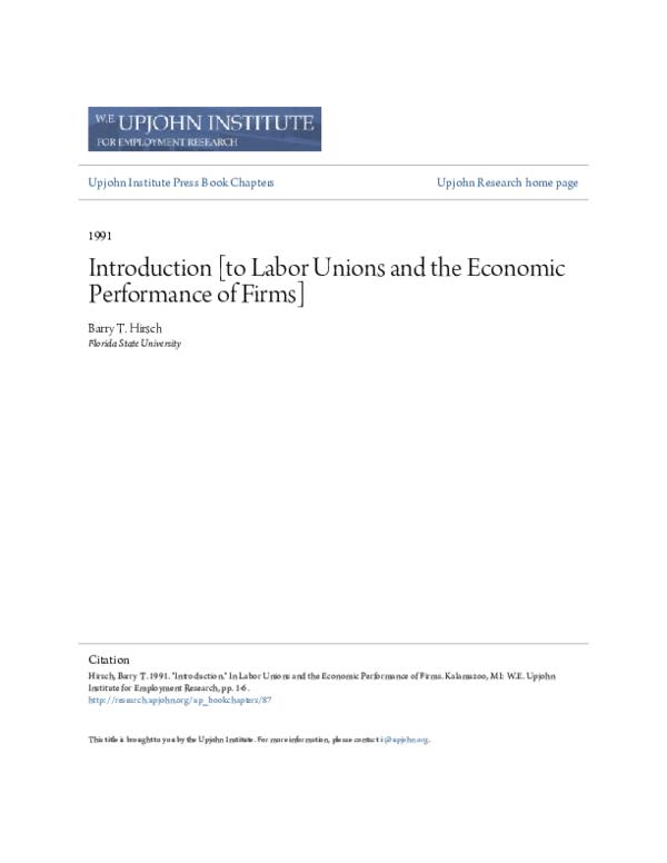 (PDF) Introduction [to Labor Unions and the Economic Performance of Firms]