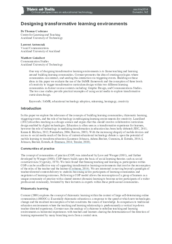 Pdf Designing Transformative Learning Environments