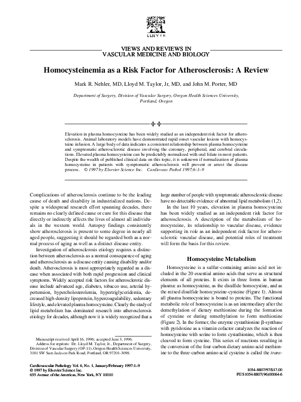 (PDF) Homocysteinemia as a Risk Factor for Atherosclerosis: A Review