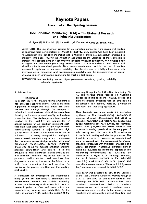 (PDF) Tool Condition Monitoring (TCM) — The Status of Research and Industrial Application