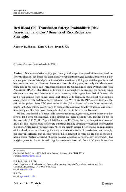 (PDF) Red Blood Cell Transfusion Safety: Probabilistic Risk Assessment ...