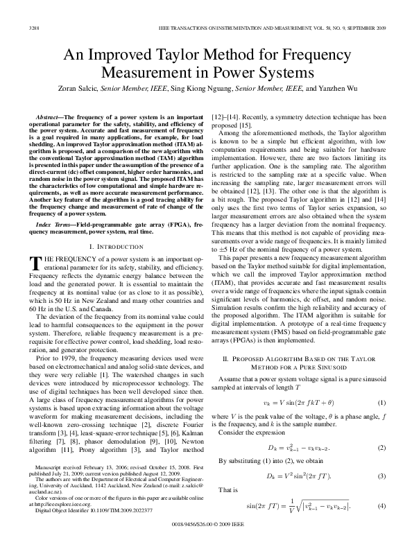 (PDF) An Improved Taylor Method for Frequency Measurement in Power Systems