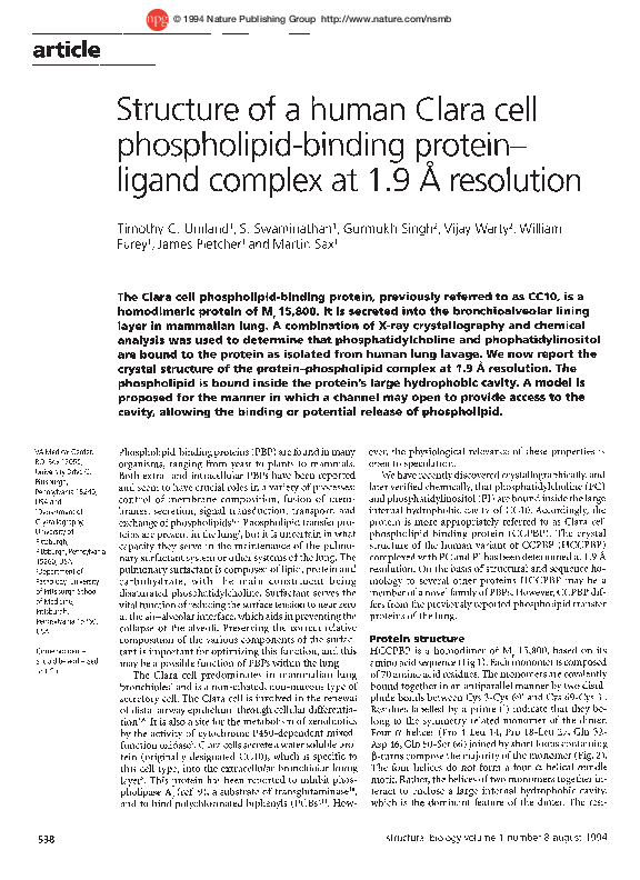 (PDF) Structure of a human Clara cell phospholipid-binding protein ...
