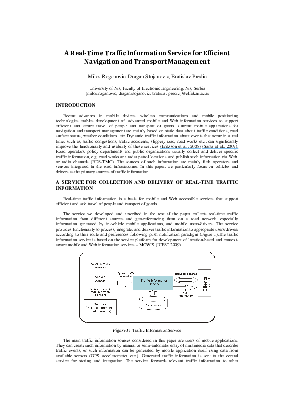 Pdf A Real Time Traffic Information Service For Efficient Navigation And Transport Management