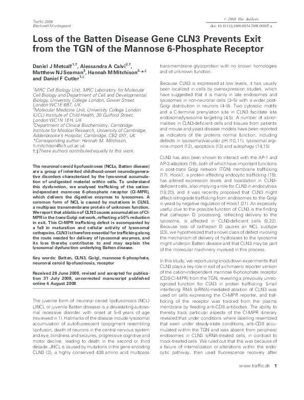 (PDF) Loss of the Batten Disease Gene CLN3 Prevents Exit from the TGN of the Mannose 6-Phosphate ...