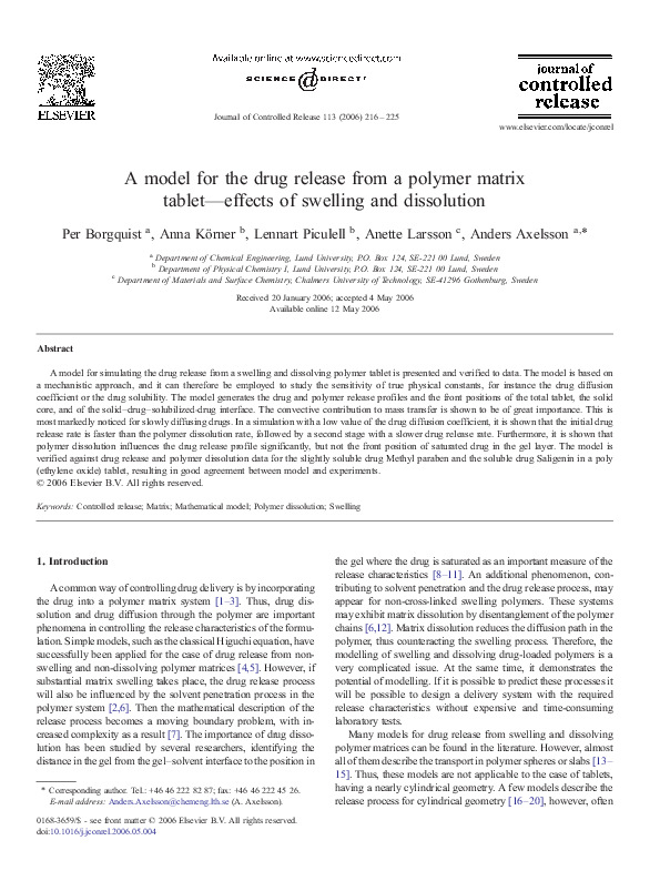 (PDF) A model for the drug release from a polymer matrix tablet—effects ...