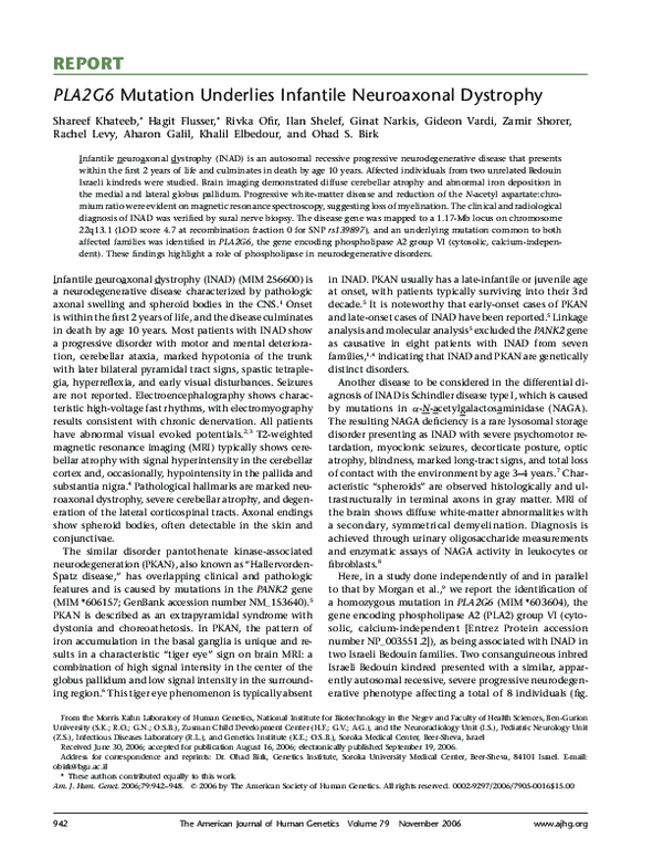 (PDF) PLA2G6 Mutation Underlies Infantile Neuroaxonal Dystrophy