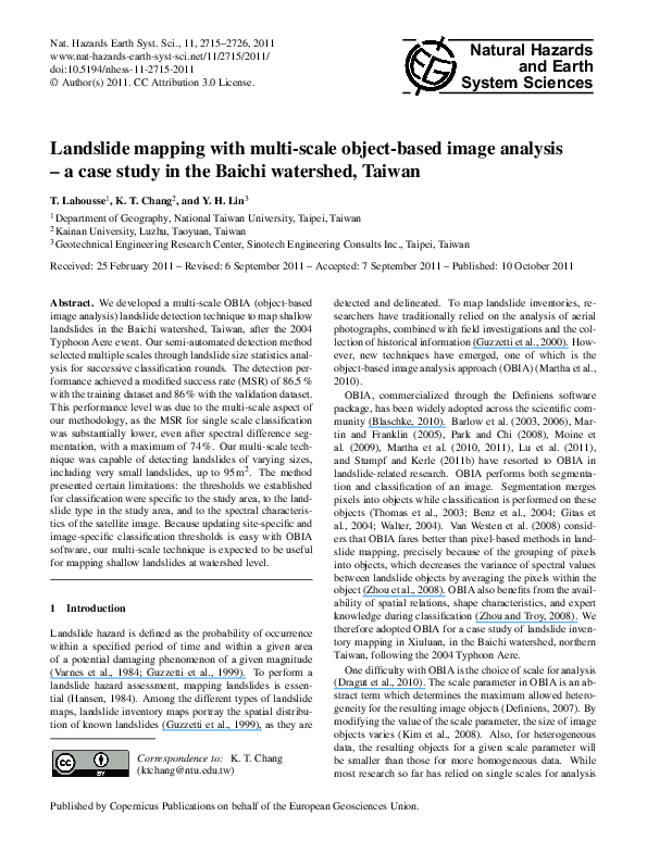 (PDF) Landslide mapping with multi-scale object-based image analysis – a case study in the ...