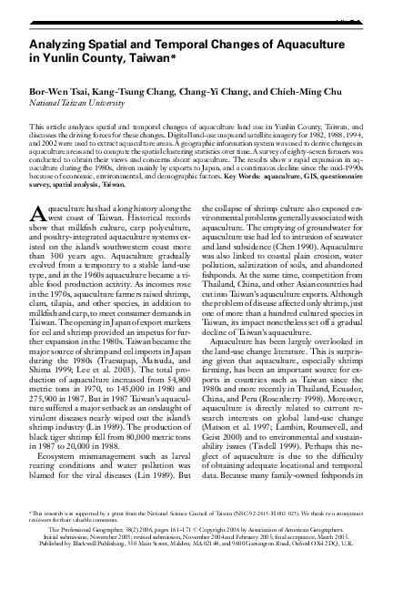 (PDF) Analyzing Spatial and Temporal Changes of Aquaculture in Yunlin County, Taiwan∗