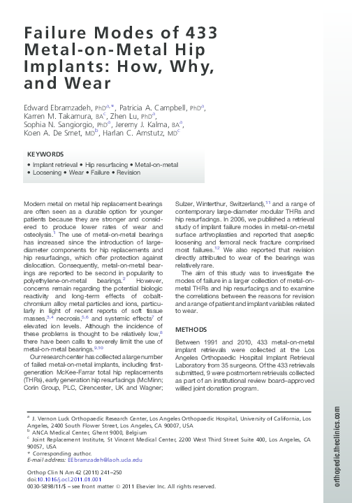 (PDF) Failure Modes of 433 Metal-on-Metal Hip Implants: How, Why, and Wear