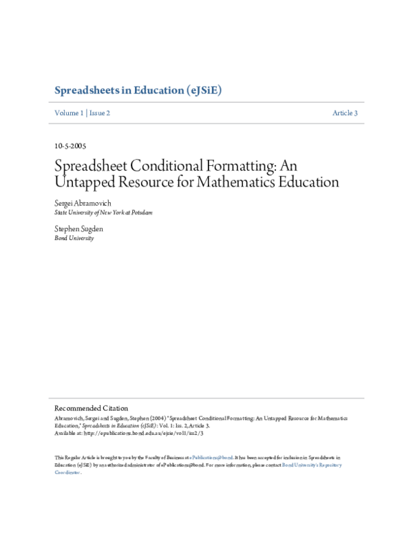 (PDF) Spreadsheet Conditional Formatting: An Untapped Resource for Mathematics Education