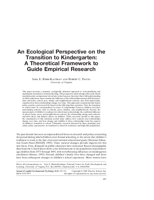 (PDF) An Ecological Perspective on the Transition to Kindergarten