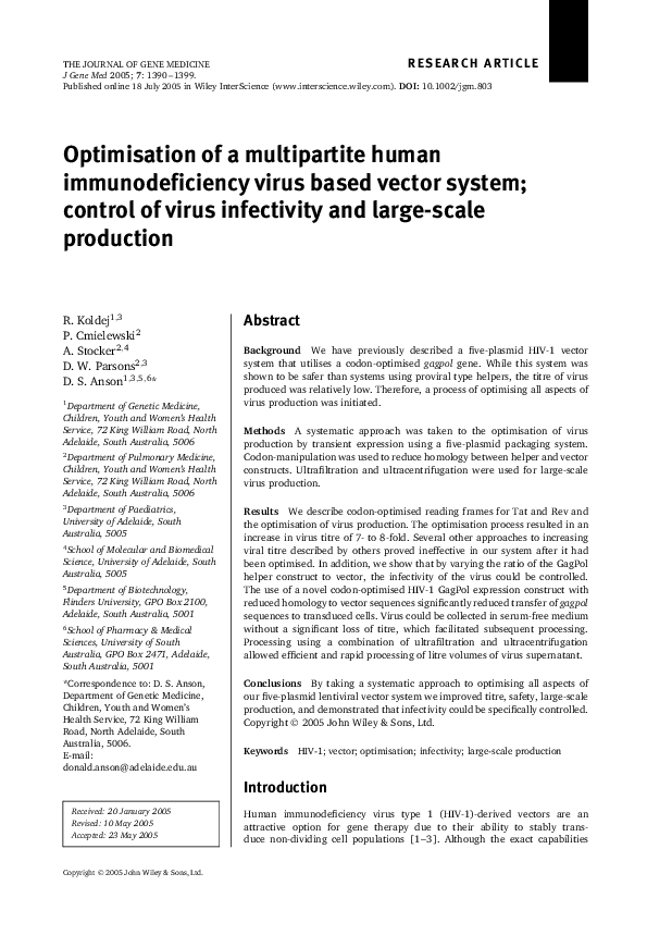(PDF) Optimisation of a multipartite human immunodeficiency virus based ...