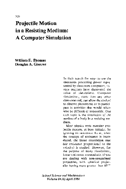 (PDF) Projectile Motion in a Resisting Medium: A Computer Simulation
