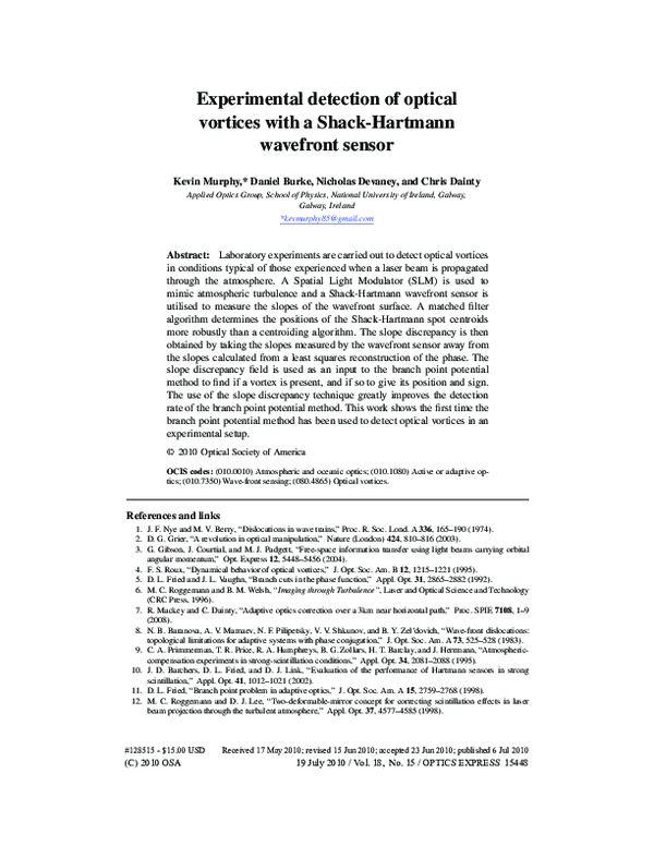 (PDF) Experimental Detection of Optical Vortices Using a Shack-Hartmann Wavefront Sensor