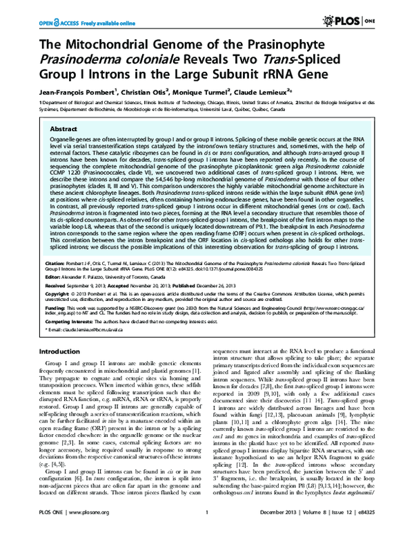 (PDF) The Mitochondrial Genome of the Prasinophyte Prasinoderma ...
