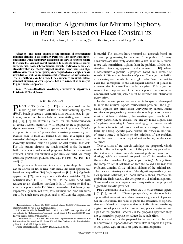 (PDF) Enumeration Algorithms for Minimal Siphons in Petri Nets Based on Place Constraints