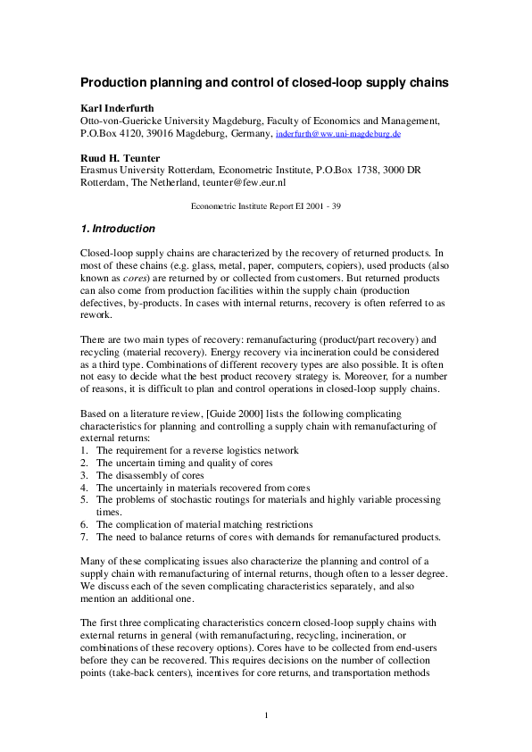 (PDF) Production Planning and Control of Closed-Loop Supply Chains