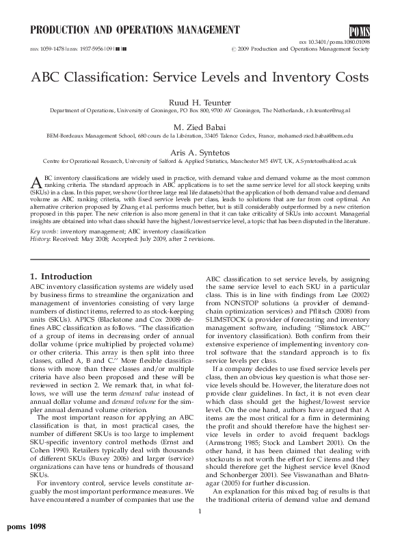 (PDF) ABC Classification: Service Levels and Inventory Costs