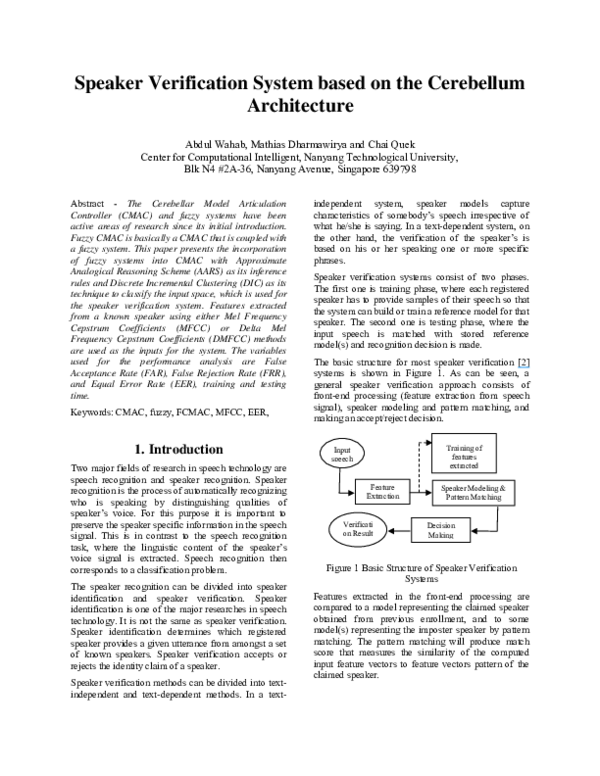 (PDF) Speaker Verification System Based on the Cerebellum Architecture