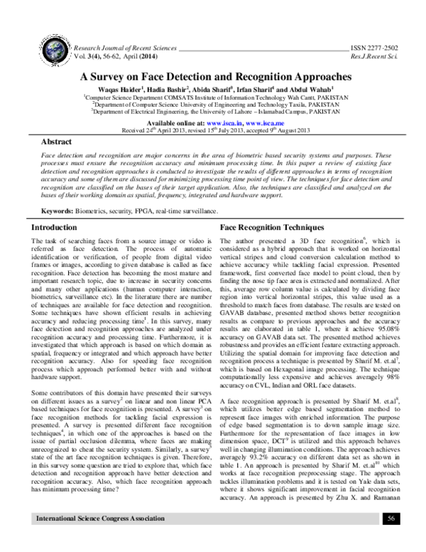 Pdf A Survey On Face Detection And Recognition Approaches