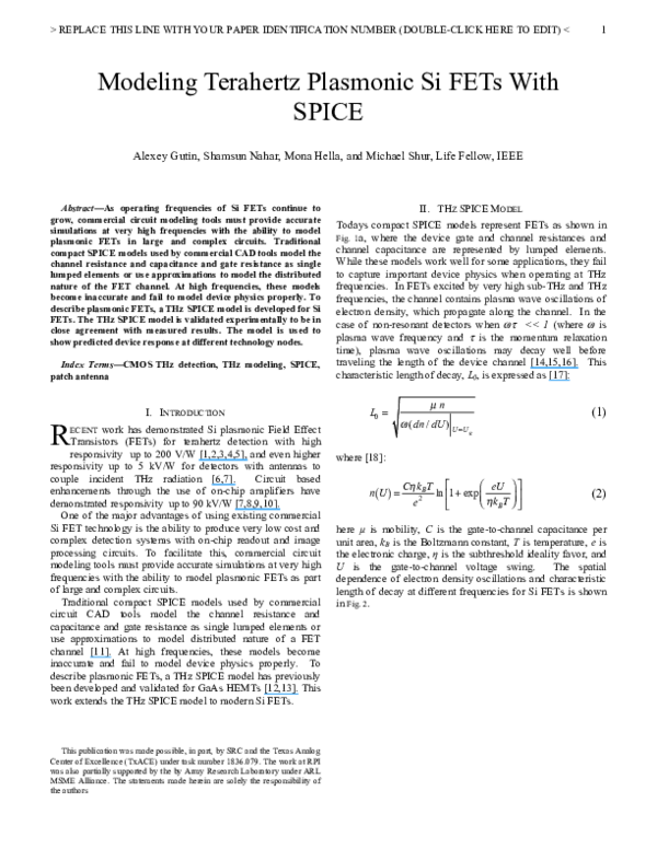 (PDF) Modeling Terahertz Plasmonic Si FETs With SPICE