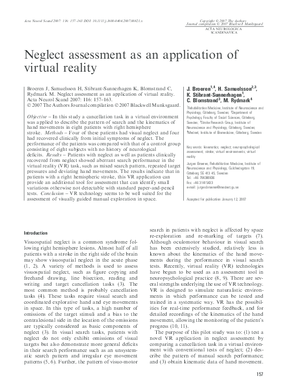 (PDF) Neglect assessment as an application of virtual reality