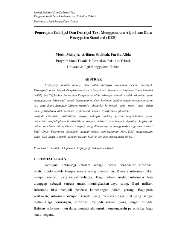 (PDF) Penerapan Enkripsi Dan Dekripsi Text Menggunakan Algoritma Data ...