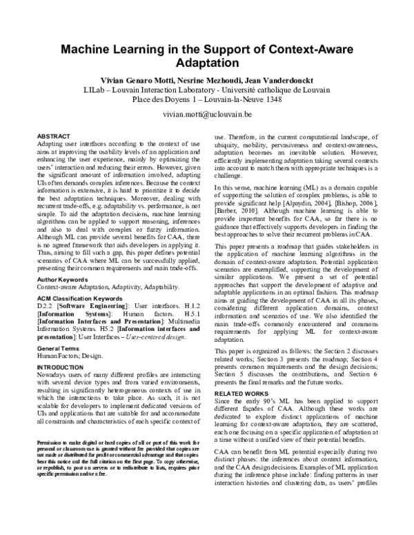 Pdf Machine Learning In The Support Of Context Aware Adaptation Vivian Motti