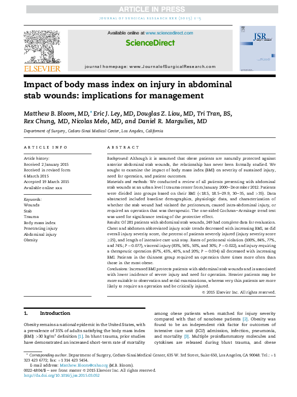 (PDF) Impact of body mass index on injury in abdominal stab wounds ...