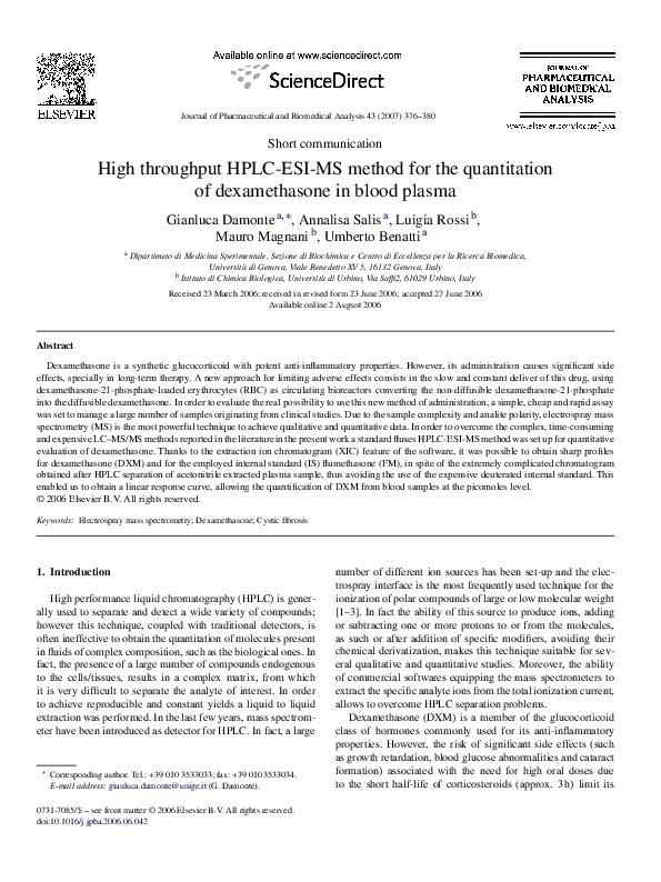 (PDF) High throughput HPLC-ESI-MS method for the quantitation of dexamethasone in blood plasma
