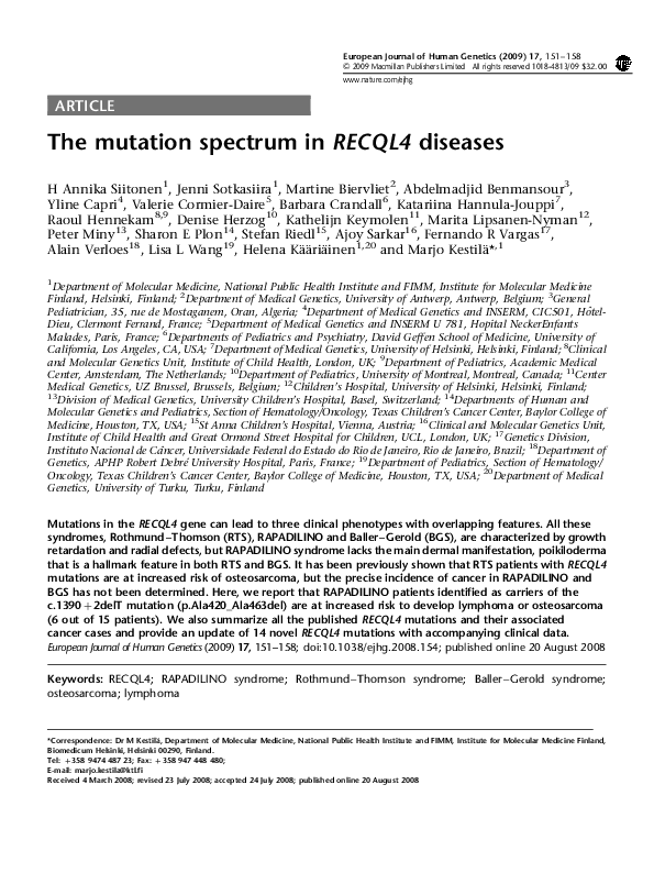 (PDF) The mutation spectrum in RECQL4 diseases