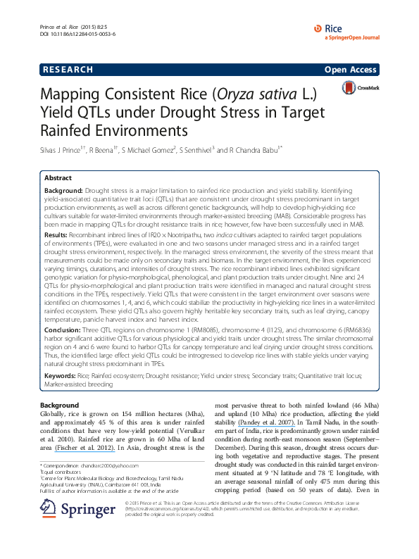 (PDF) Mapping Consistent Rice (Oryza sativa L.) Yield QTLs under Drought Stress in Target ...