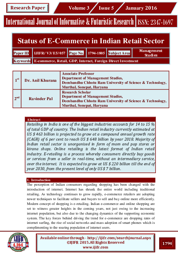 (PDF) Status of E-Commerce in Indian Retail Sector | ijifr journal ...