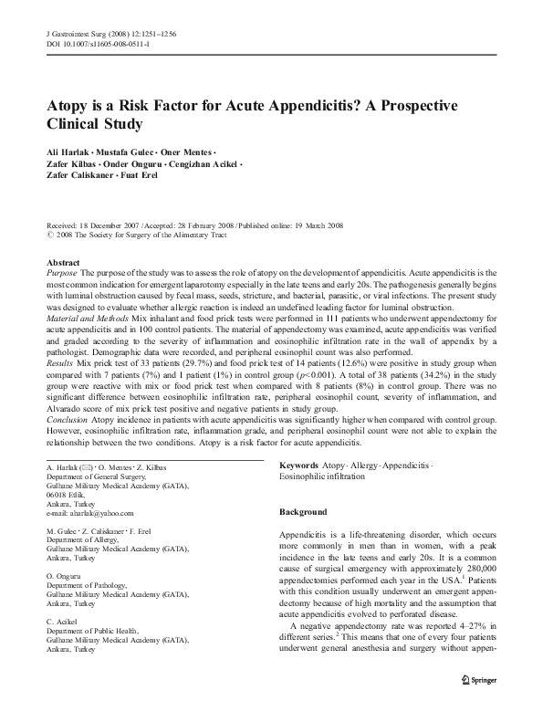 (PDF) Atopy is a Risk Factor for Acute Appendicitis? A Prospective ...