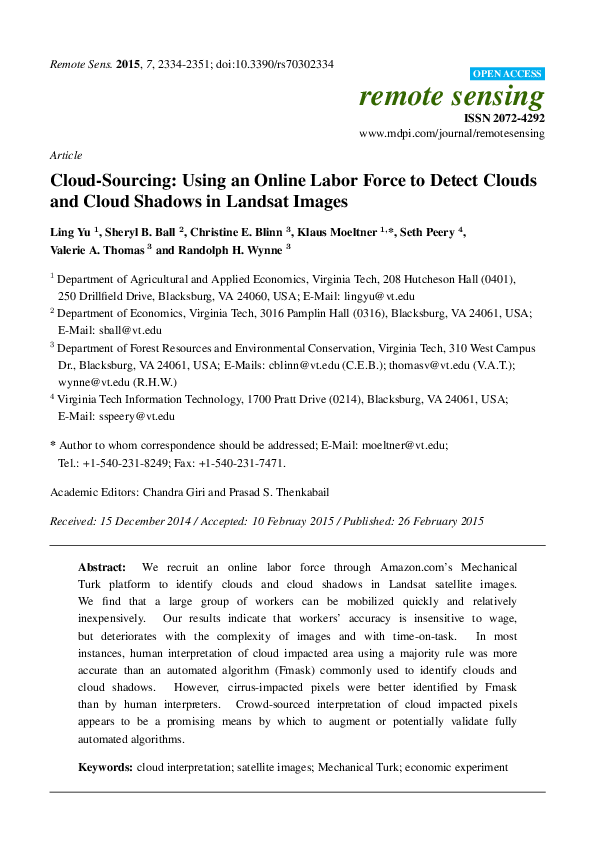 (PDF) Cloud-Sourcing: Using an Online Labor Force to Detect Clouds and Cloud Shadows in Landsat ...