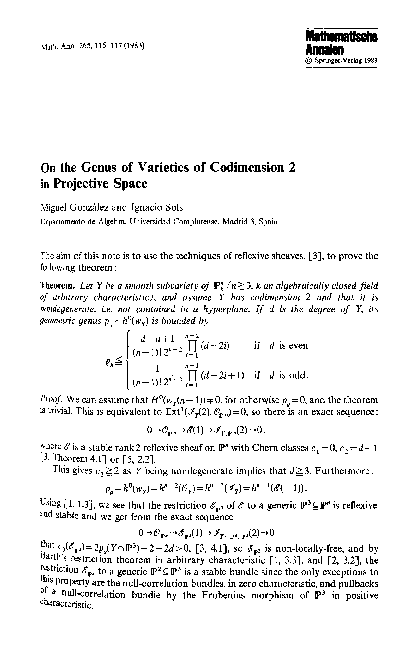 (PDF) On the genus of varieties of condimension 2 in projective space