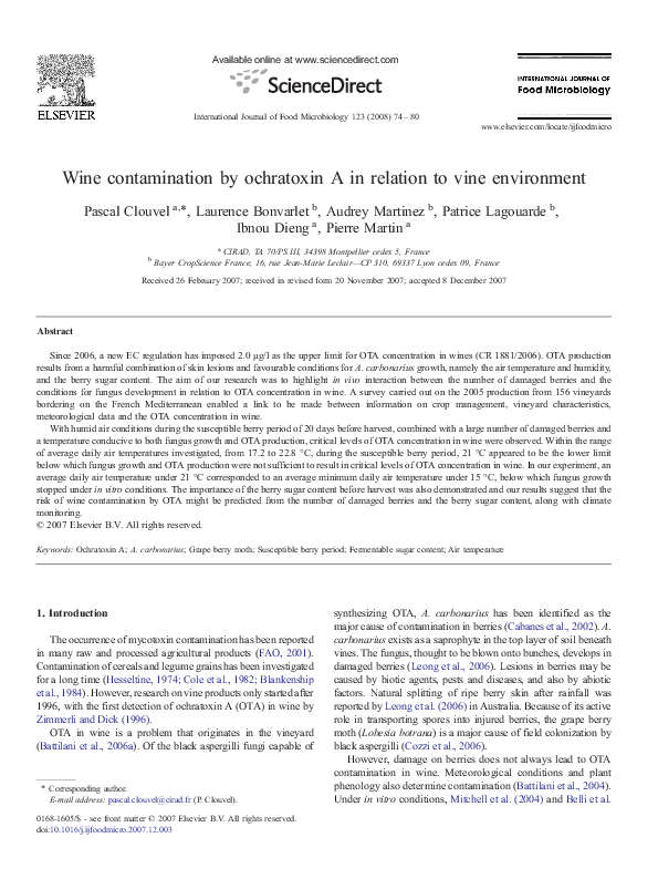 (PDF) Wine contamination by ochratoxin A in relation to vine environment