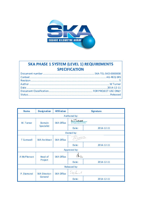 (PDF) SKA TEL SKO 0000008 AG REQ SRS Rev05 SKA1 Level 1 System ...