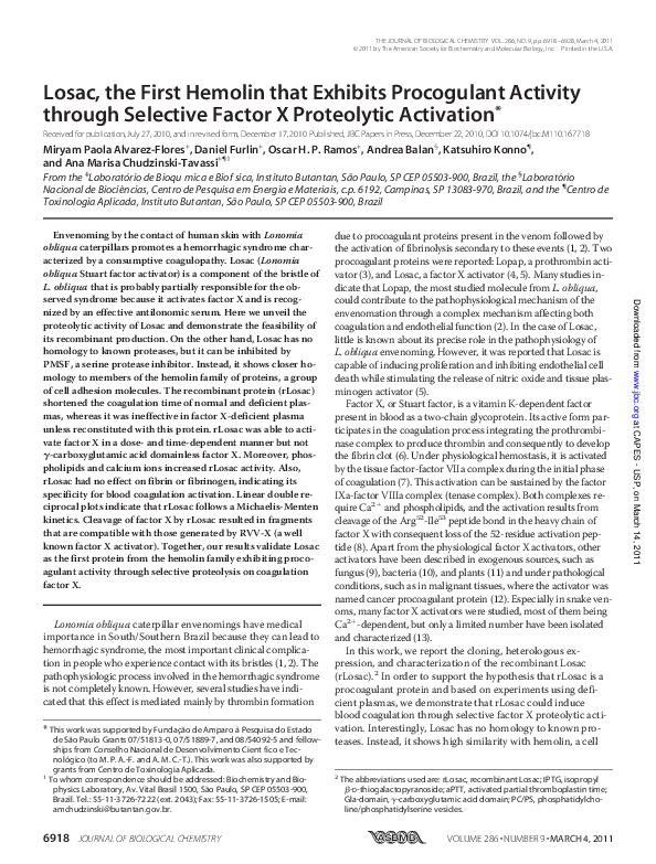 (PDF) Losac, the First Hemolin that Exhibits Procogulant Activity ...