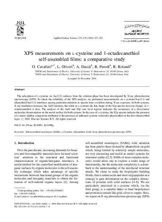 (PDF) XPS measurements on l-cysteine and 1-octadecanethiol self ...