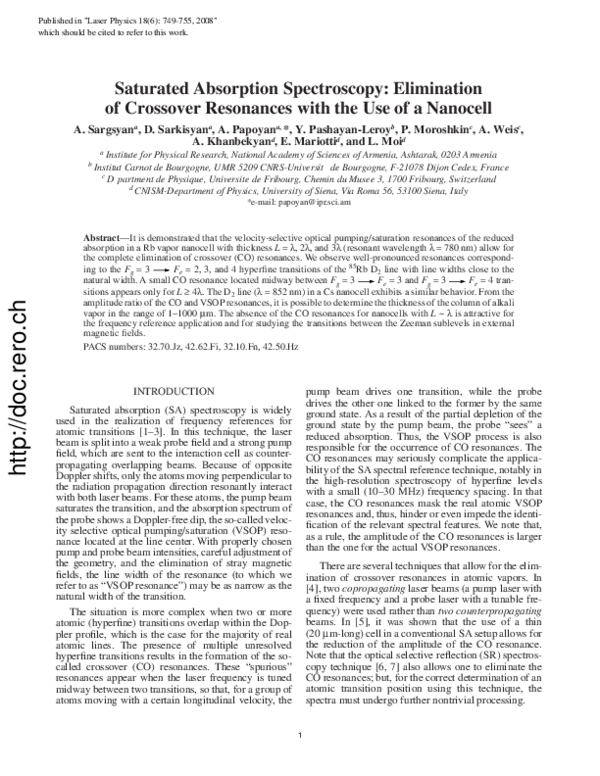 (PDF) Saturated absorption spectroscopy: Elimination of crossover resonances with the use of a ...
