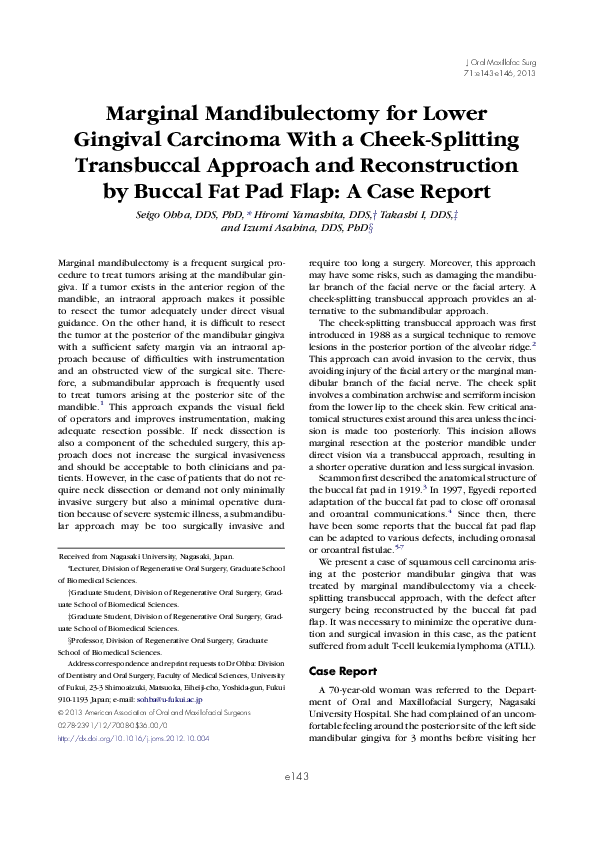 (PDF) Marginal Mandibulectomy for Lower Gingival Carcinoma With a Cheek ...